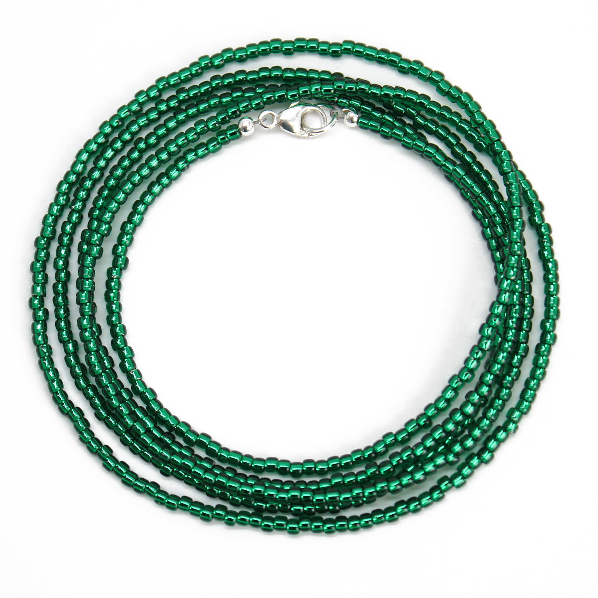 Emerald Green Seed Bead Necklace Thin 1.5mm Single Strand 28 Yellow Gold Filled